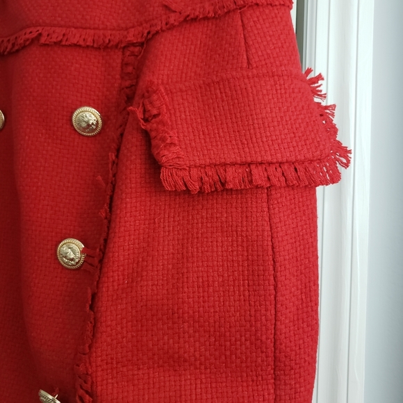 Skirts | Red Mini Skirt With Gold Buttons And Fringes | Poshmark